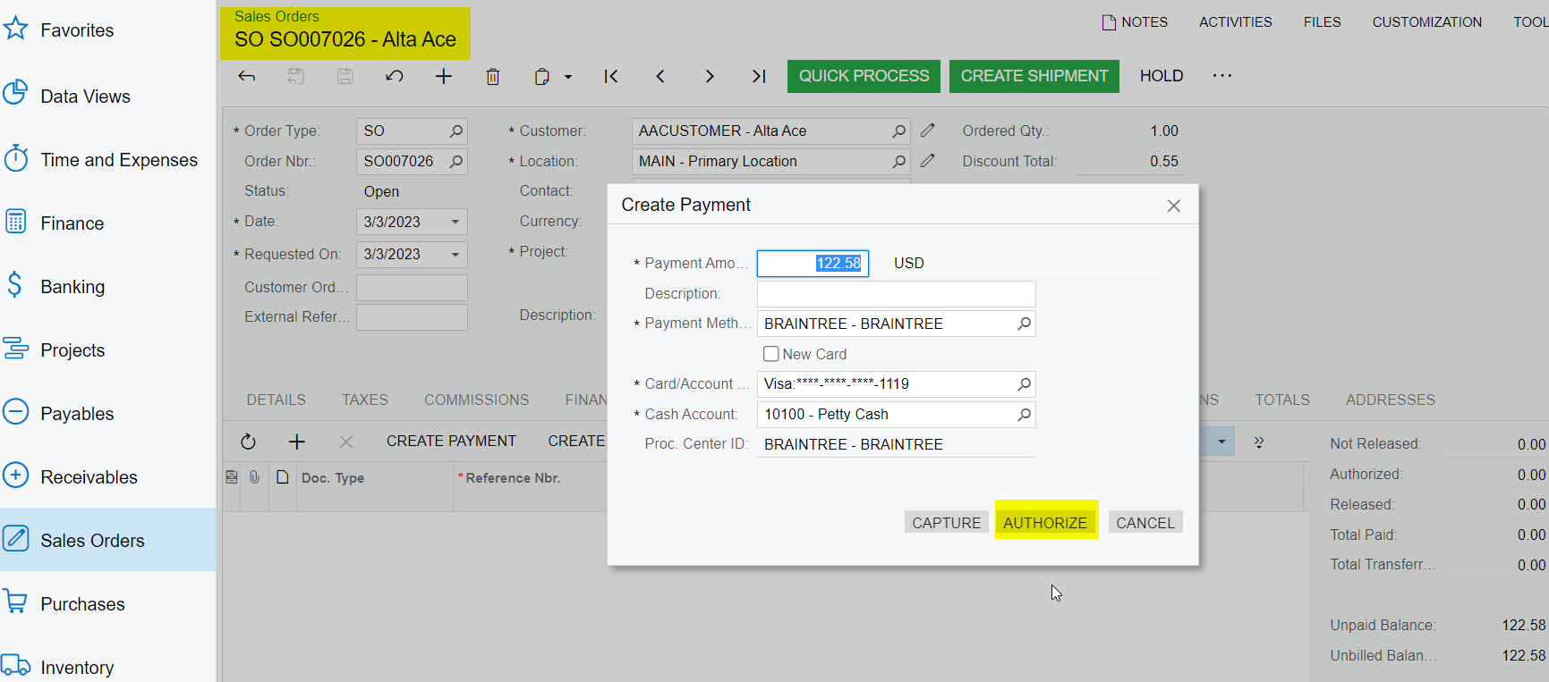 Authorize CC Payment Action at Invoices Screen | Kensium Products Documentation
