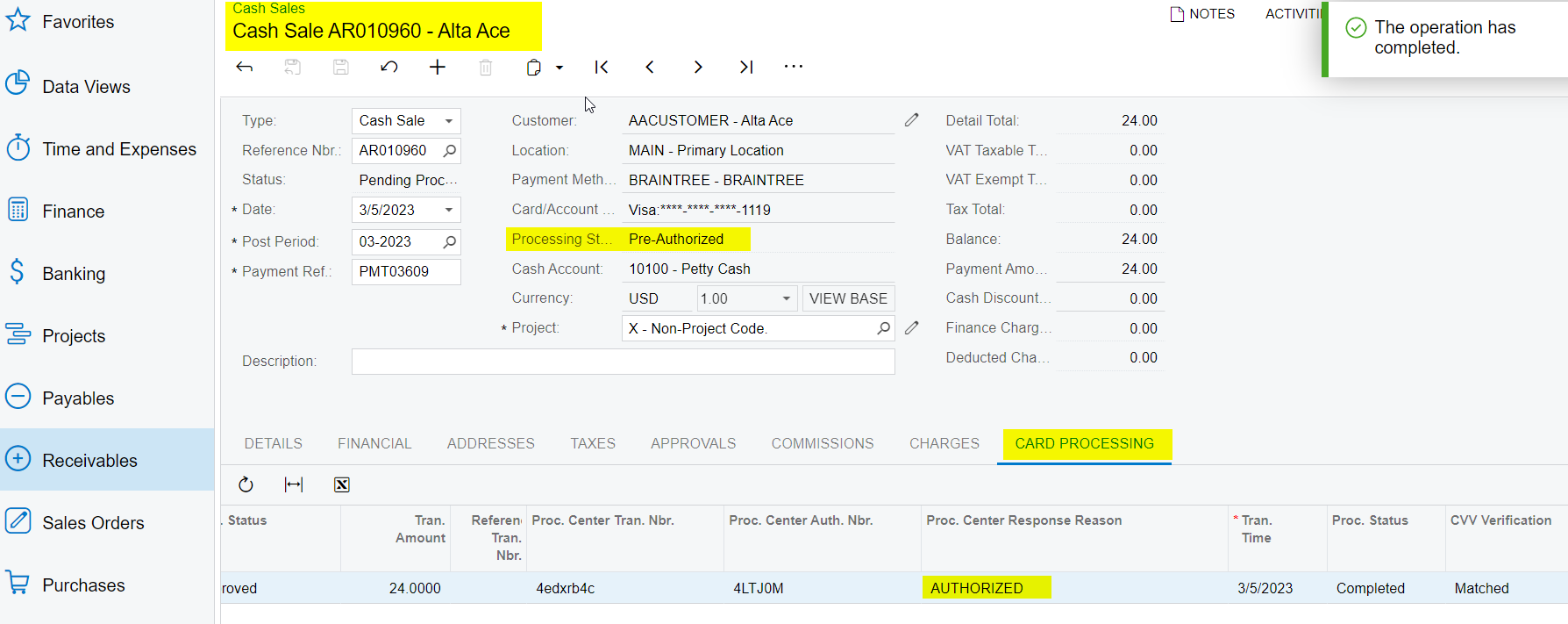 Authorize CC Payment Action at Cash Sales Screen | Kensium Products ...