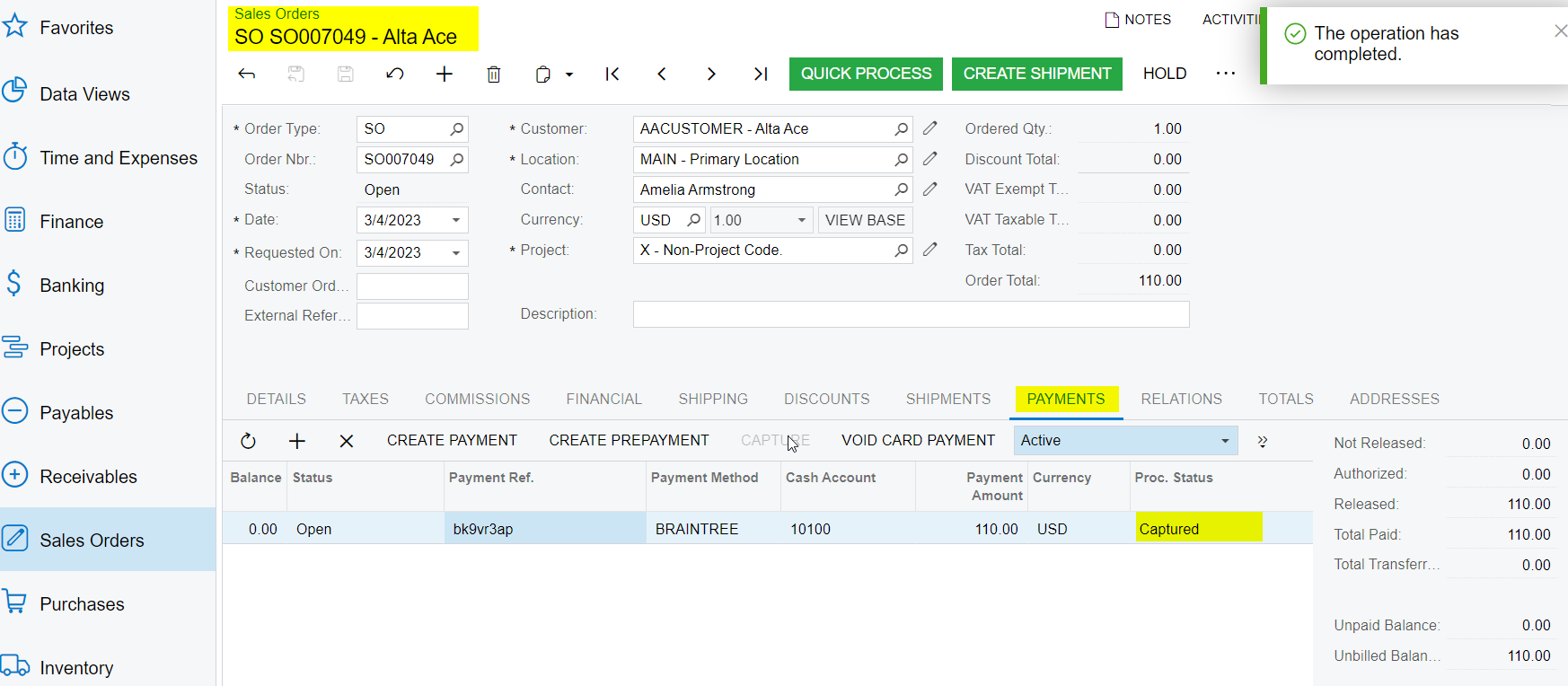 Capture CC Payment at Sales Order Screen | Kensium Products Documentation