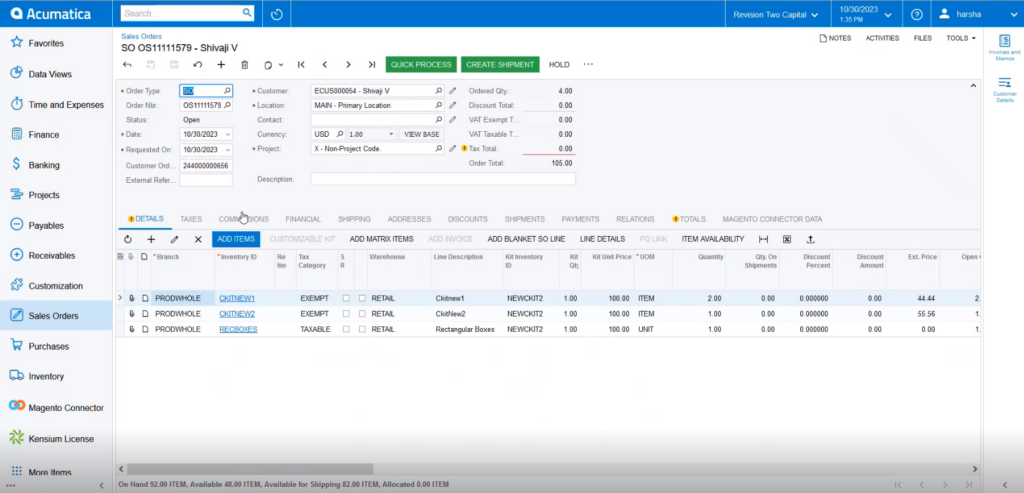 Sales Order in Acumatica | Kensium Products Documentation