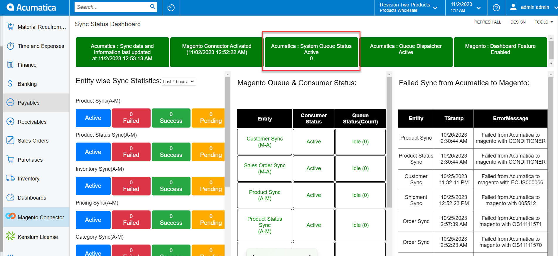 Sync Status Dashboard in Acumatica | Kensium Products Documentation