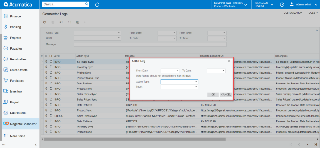 Connector Logs in Acumatica | Kensium Products Documentation