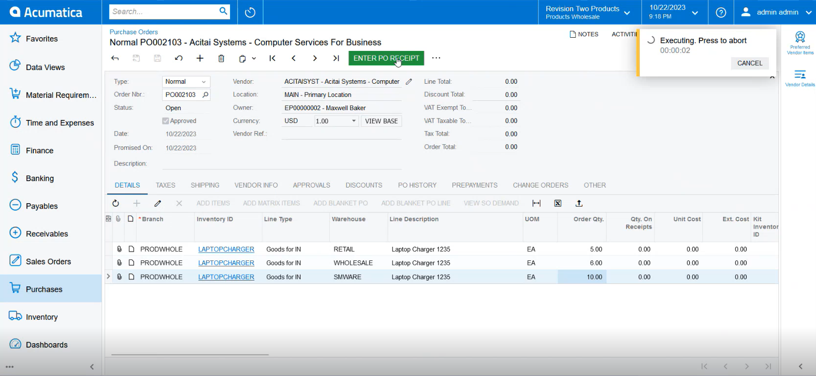 Inventory in Acumatica Through PO Receipts | Kensium Products Documentation