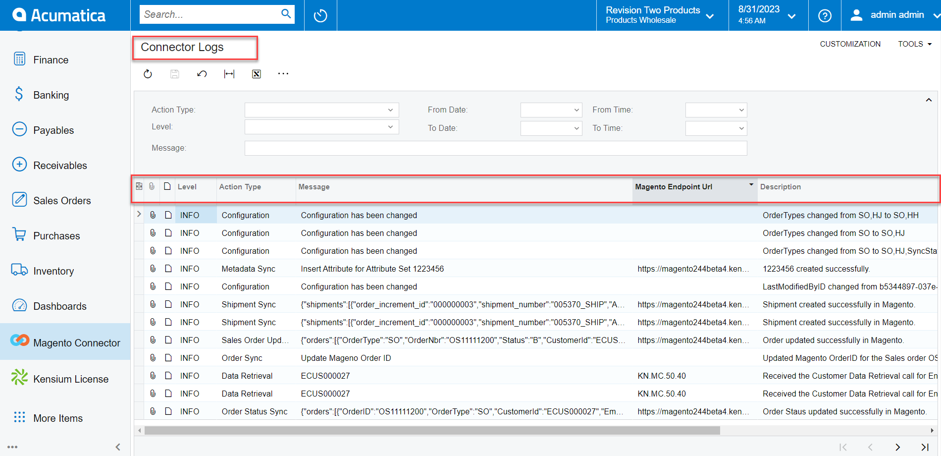 Acumatica Logs | Kensium Products Documentation
