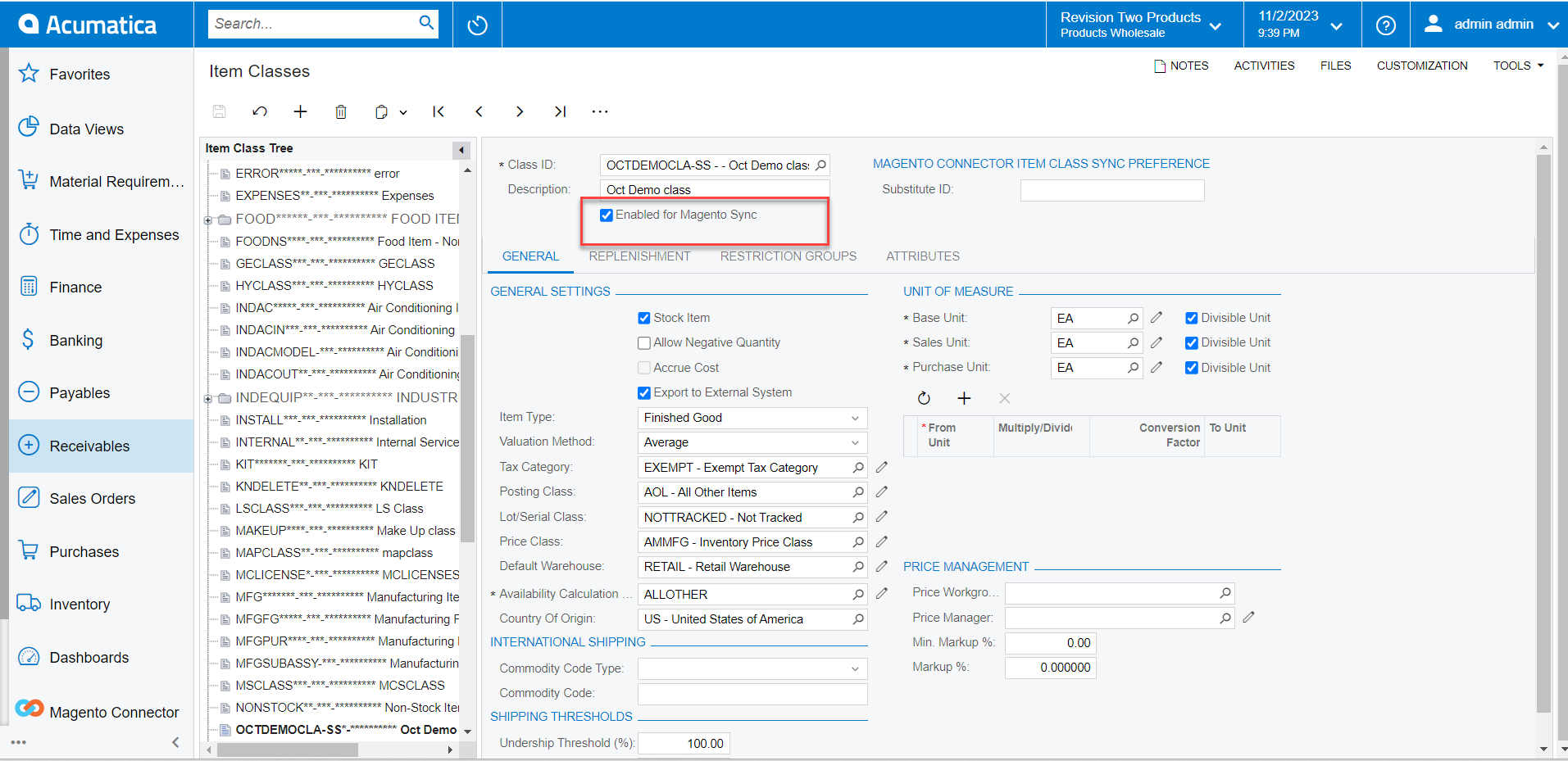 Creating Item Class in Acumatica | Kensium Products Documentation