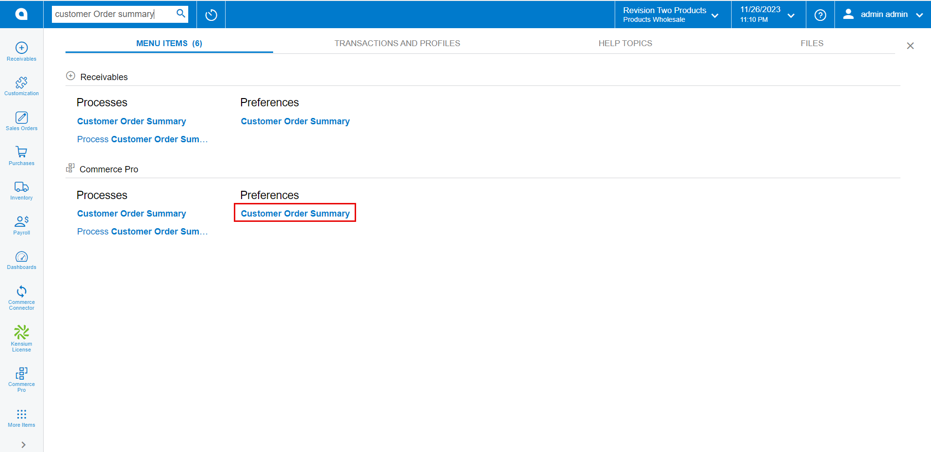 Customer Order Summary | Kensium Products Documentation