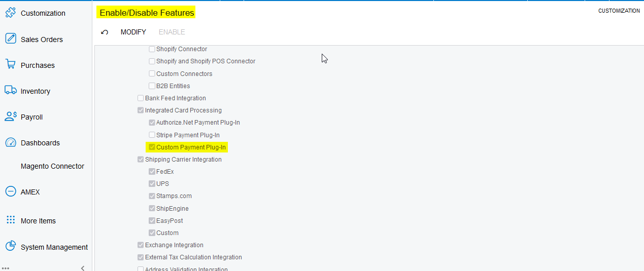 Enable Custom Payment plugin in Enable/Disable Screen | Kensium Products Documentation