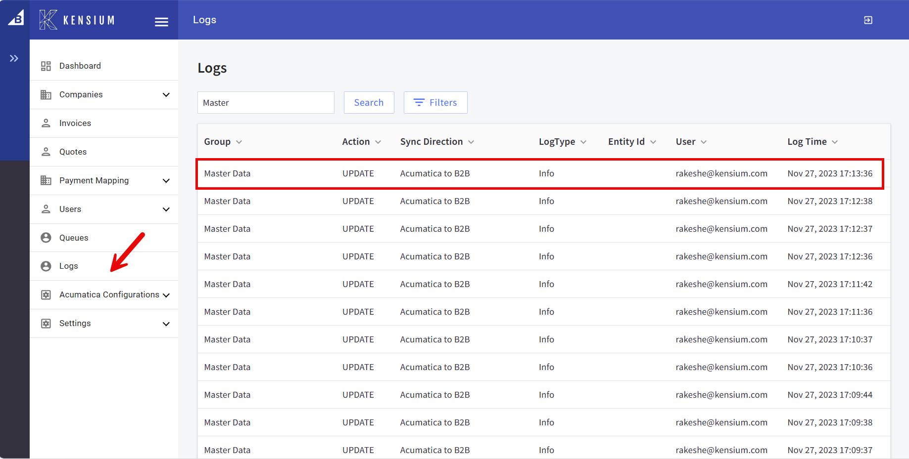 Viewing Master Data Log in Better B2B | Kensium Products Documentation