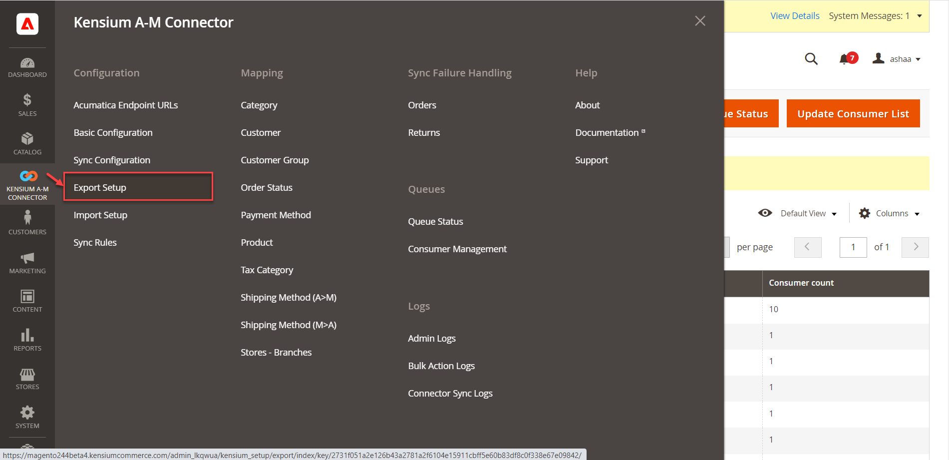 Export Setup In Kensium A M Connector Kensium Products Documentation
