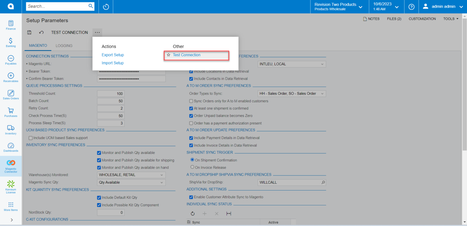 Test Connection | Kensium Products Documentation