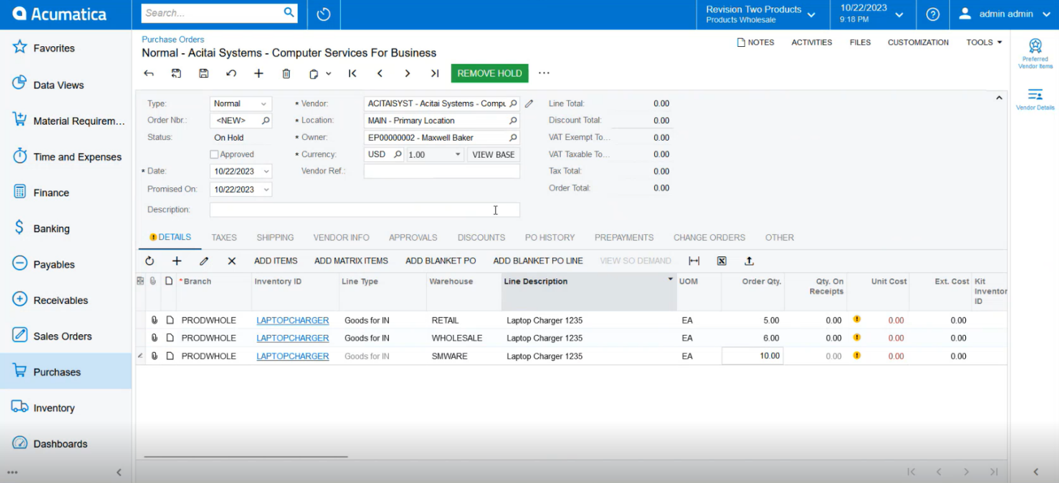 Inventory in Acumatica Through PO Receipts | Kensium Products Documentation