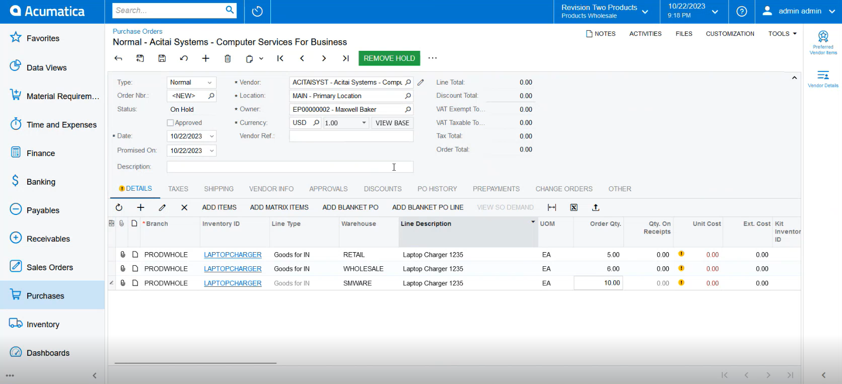Inventory in Acumatica Through PO Receipts | Kensium Products Documentation