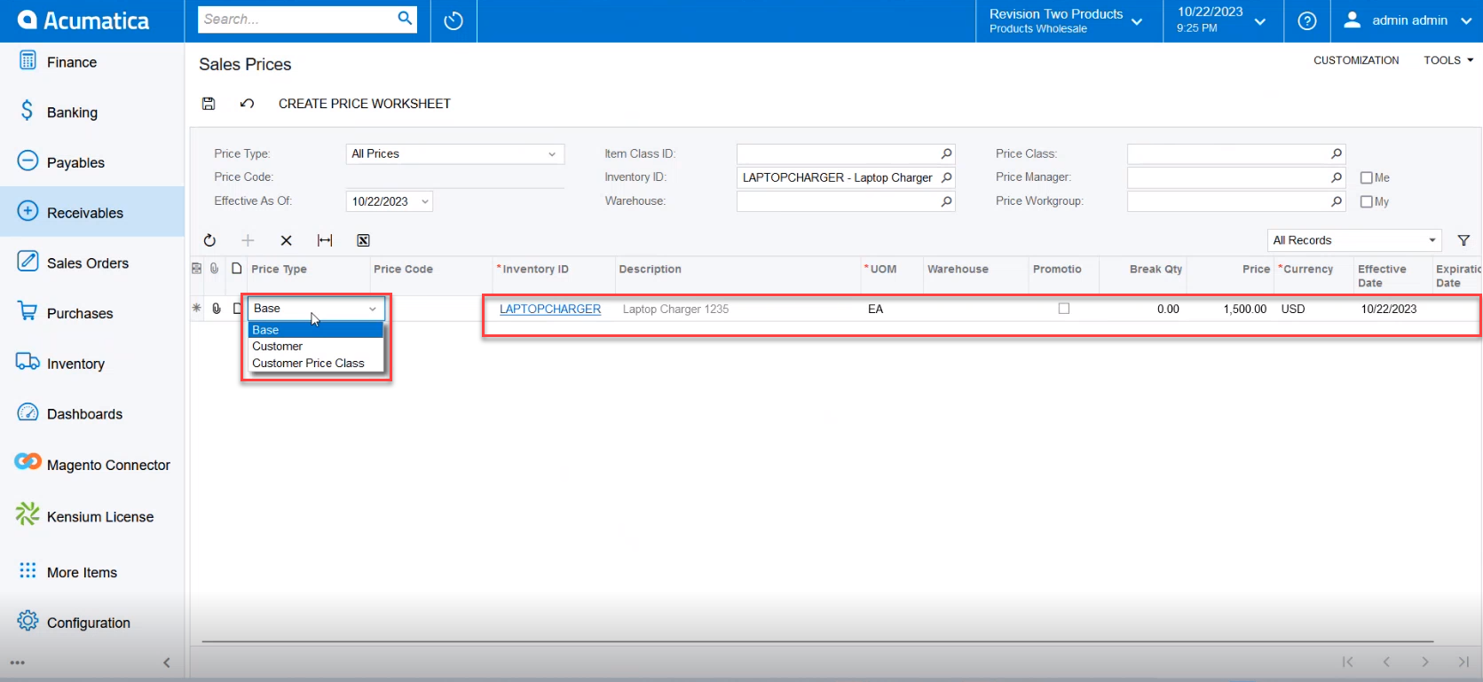 Price Type in Acumatica | Kensium Products Documentation