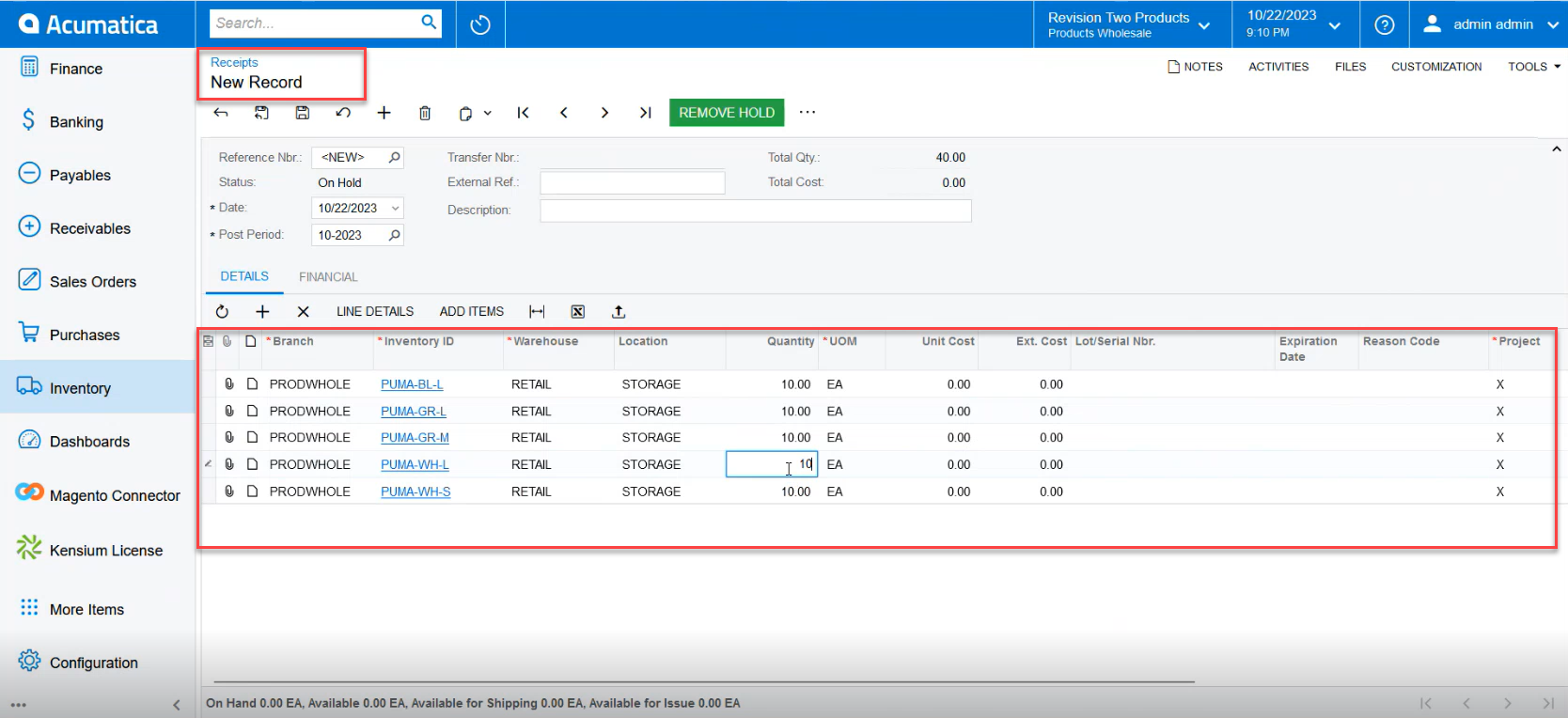 Inventory in Acumatica Through Receipts | Kensium Products Documentation
