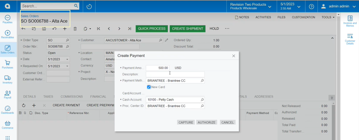 Payment Card details through Hosted Form at Sales Order screen | Kensium Products Documentation
