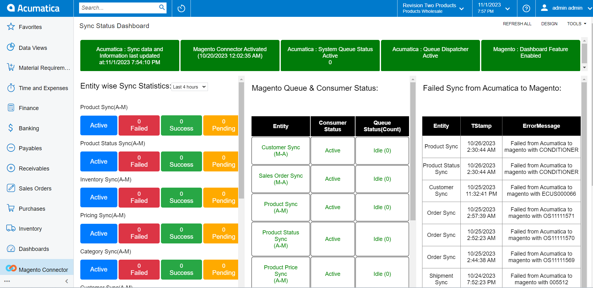 Sync Status Dashboard In Acumatica Kensium Products Documentation