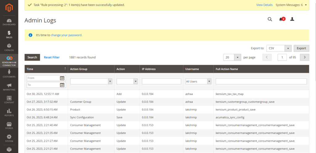 Admin Logs | Kensium Products Documentation