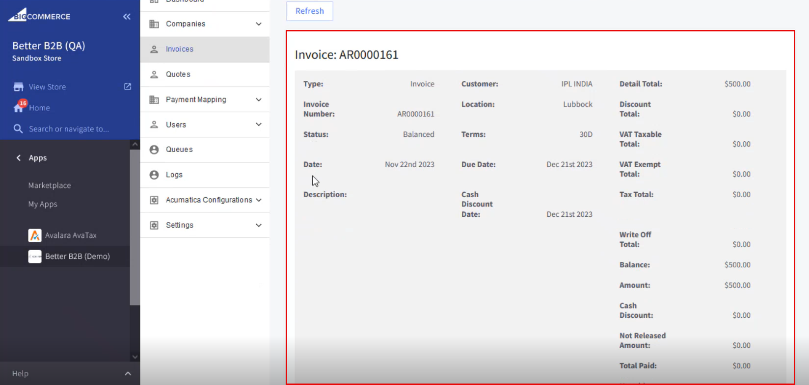 Viewing the Synced Invoice in B2B | Kensium Products Documentation