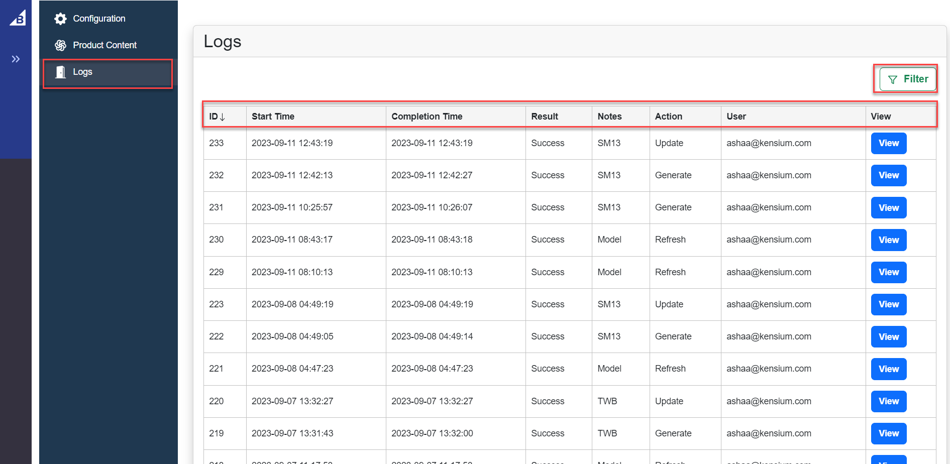 Logs | Kensium Products Documentation
