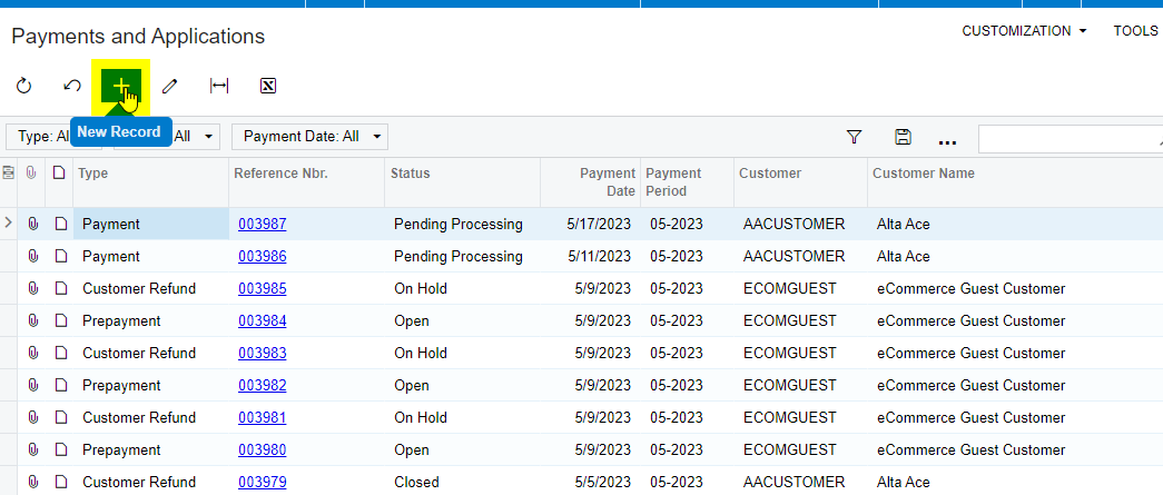 Payments via the Payments & Applications Screen | Kensium Products Documentation
