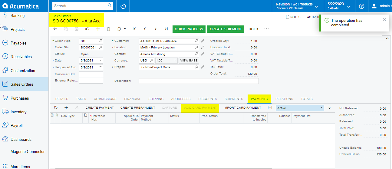 Payflow via the Sales Order Screen | Kensium Products Documentation