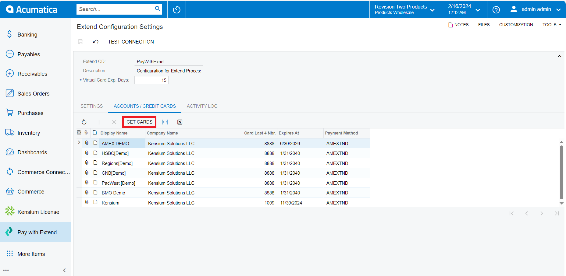 Accounts/ Credit Cards Tab | Kensium Products Documentation